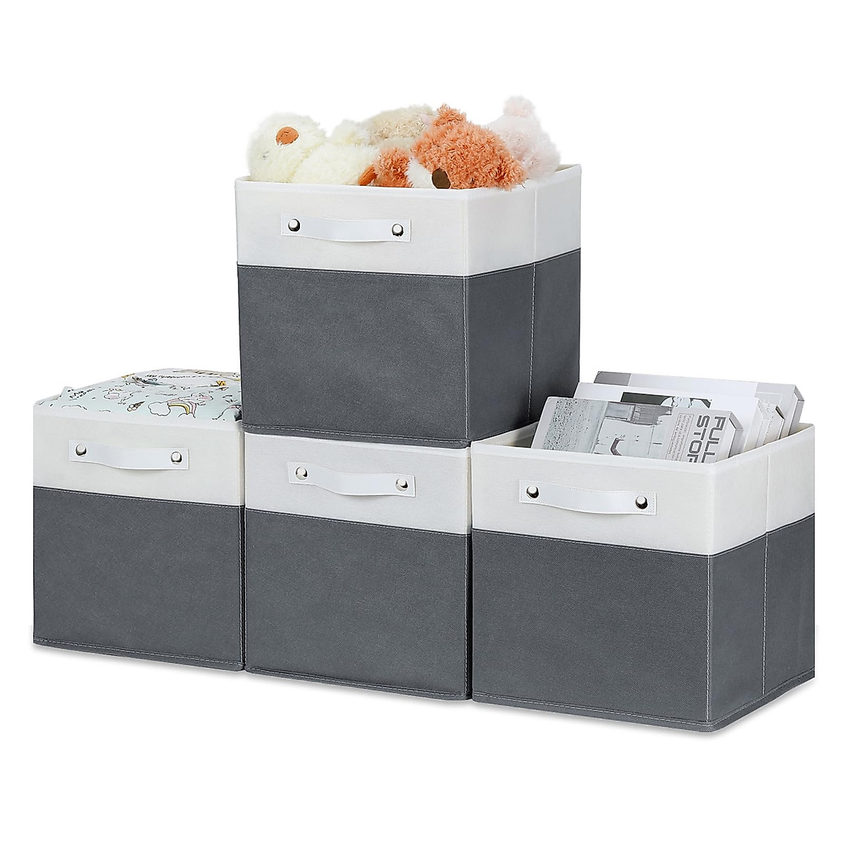 Bidtakay Large Storage Bins Collapsible Fabric Storage Baskets with Plastic Board 16x12 Inches Cube Organizer with Handles Lightweight 2-Pack Clothes Baskets Linen Storage Bins White/Grey