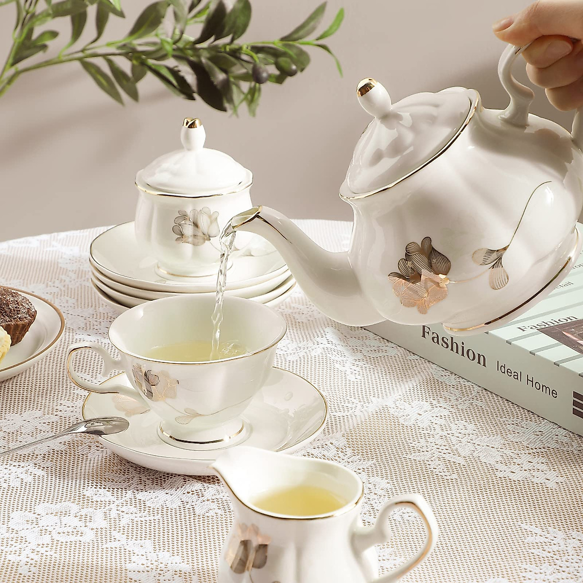 CHENP.HMC Tea Sets 22-Piece Porcelain Ceramic Coffee Tea Gift Mother's Day Sets Teapot and Cup Set Cups Saucer Service for 6 Teapot Sugar Bowl Creamer Pitcher and Ceramic Coffee Tea Gift Sets