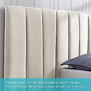 CECER California King Bed Frame with Upholstered Extended Headboard, Vertical Tufted Velvet Bed Platform Furniture for Bedroom/Easy Assembly/Solid Wood Slats Support/No Box Spring Needed - Beige