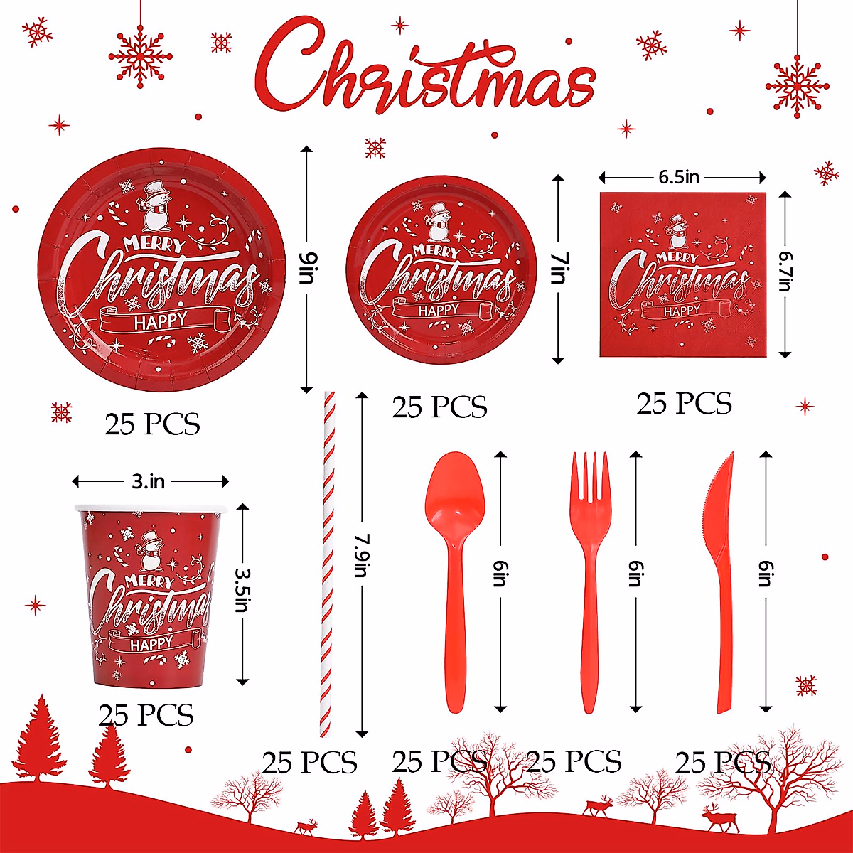 Merry Christmas Tableware Set for 25 Guests, Red Paper Plates Set with Plates Napkins Cups Straws Cutlery for Christmas Party Supplies, 200 pcs Disposable Party Dessert Dinnerwares