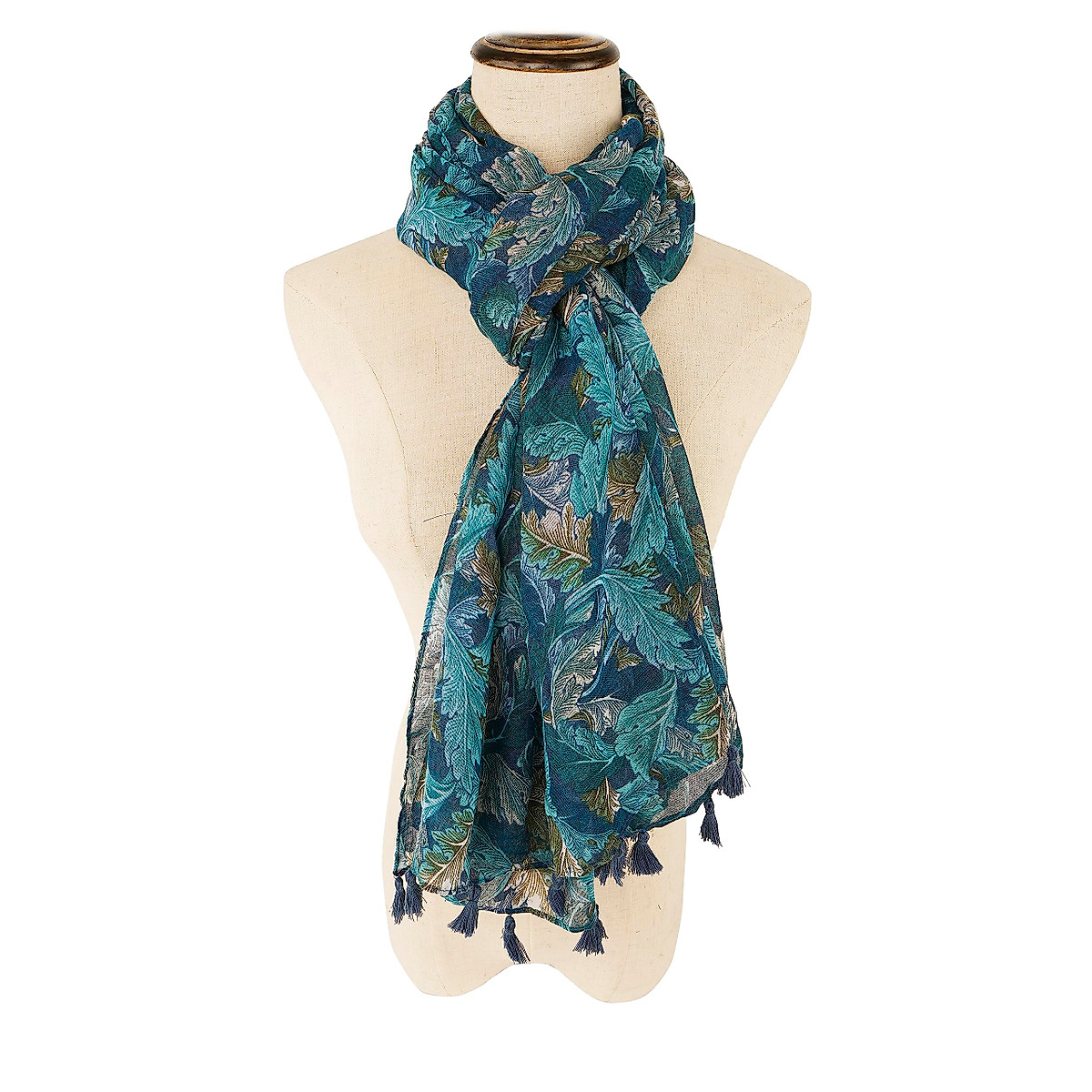 YOUR SMILE Large Boho Scarf for Women Lightweight Floral Printed Scarves Fall Winter Fashion Fringed Shawl wraps (01 Teal Leaves)