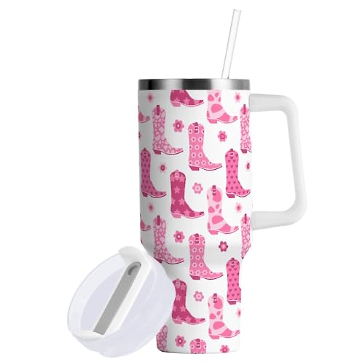 ARGTILDN 40 oz Tumbler Western Cowboy Boots Flowers Insulated Travel Mug with Handle and Straw Lid Stainless Steel Vacuum Coffee Cup Tea Beverage Container Water Bottles for Car Sports office
