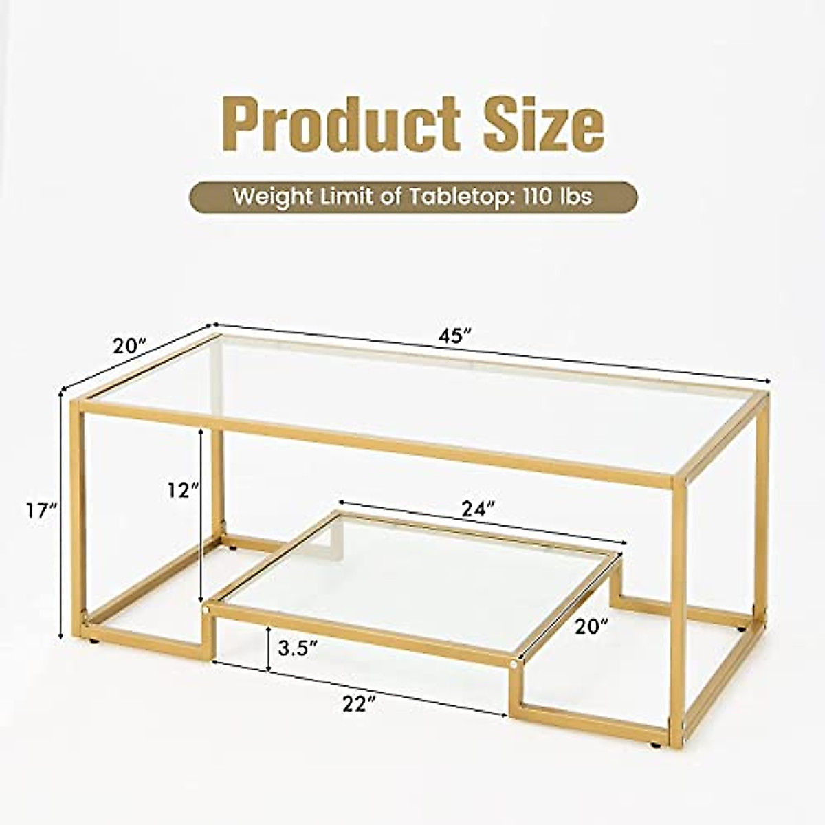 NAFORT Tempered Glass Coffee Table, 45 Inch Gold Rectangular Modern Center Table with Lower Storage Shelf, Sturdy Metal Frame, for Living Room Home Office/Gold