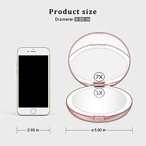 Benbilry LED Lighted Travel Makeup Mirror, 1x/7x Magnification, 5 Inch Dual Sided Vanity Mirror with Lights Portable Compact Illuminated Cosmetic Mirror – Perfect for Handbag Rose Gold