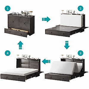 BALUS Murphy Bed, USB Charging Station, Furniture Murphy Cube Cabinet Bed, Queen Size Memory Foam Mattress in a Foldable Cabinet, Storage Drawer-Grey