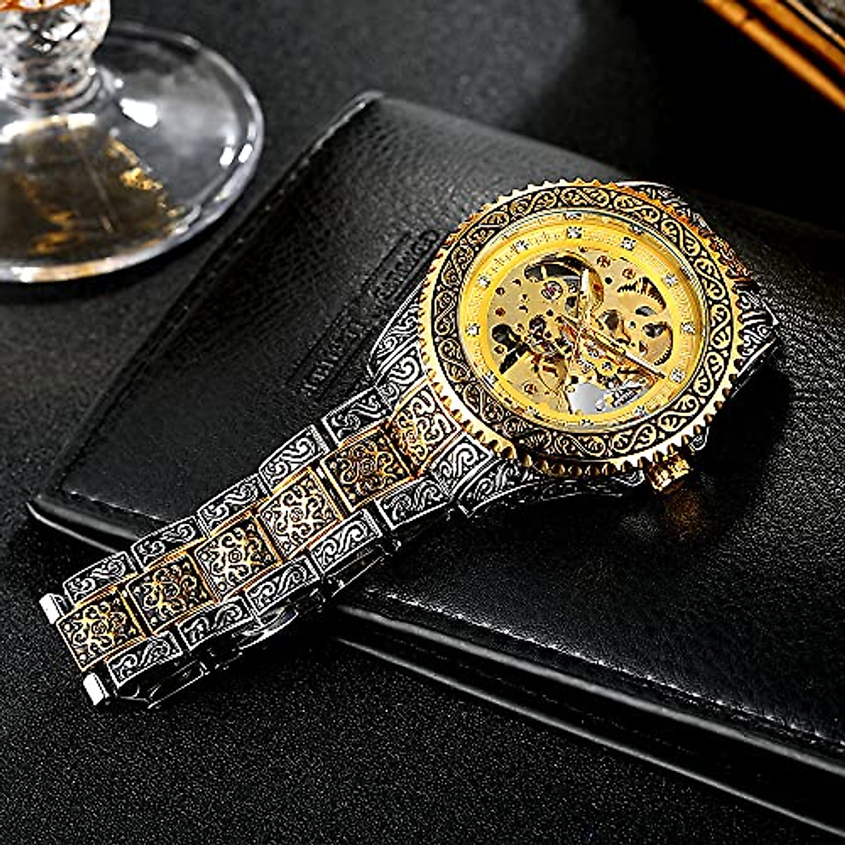 Luxury Men Automatic Mechanical Wristwatch Waterproof Stainless Steel Diamond Watch Golden Skeleton Men's Clock