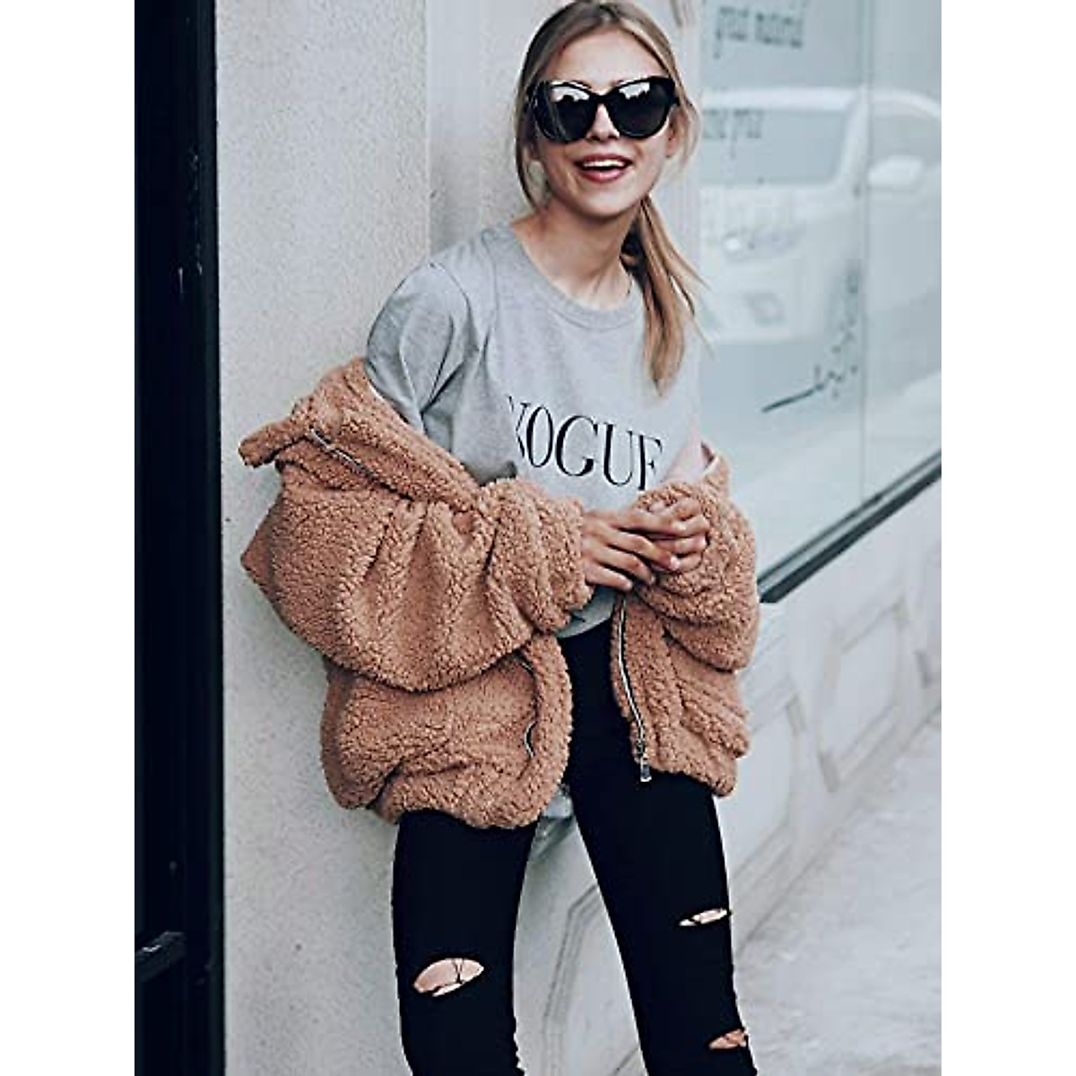 PRETTYGARDEN Women's 2023 Fashion Winter Coat Long Sleeve Lapel Zip Up Faux Shearling Shaggy Oversized Shacket Jacket (Khaki,Small)