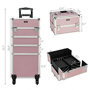 mefeir 4 in 1 Rolling Makeup Train Case, Aluminum Makeup Travel Organizer Cosmetic Case, Cosmetology Display Suitcase on Wheels, Beauty Storage Luggage Lockable w/4 Removable Wheels (Pink)