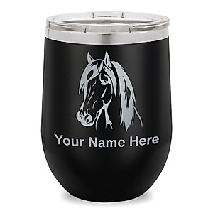 SkunkWerkz Wine Glass Tumbler, Horse Head 1, Personalized Engraving Included (Black)