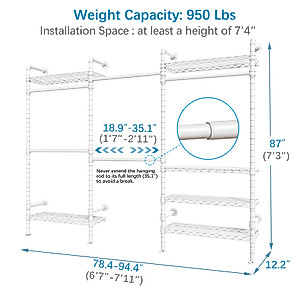 Timate F3 Garment Rack Heavy Duty Clothes Rack for Hanging Clothes, Expandable Industrial Pipe Wall Mounted Clothing Rack, Adjustable Storage Closet Wardrobe Closet Kit Walk in Closet Systems, White