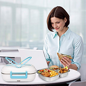 CTSZOOM Electric Lunch Box Food Warmer for Car Truck and Home Portable Food Warmer Heater 3 compartment Container with Spoon and Fork Lunch Box White Blue