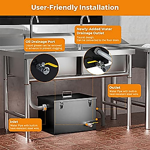 BEAMNOVA 9lbs Commercial Grease Trap Stainless Steel Black Grease Interceptor for Restaurant Kitchen Home Under Sink, Side Inlet