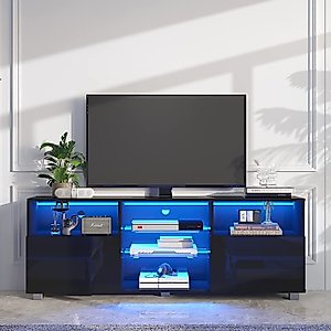 St.Mandyu LED TV Stand for 50/55/60 inch TV, Modern Television Table Center Media Console with Drawer and Led Lights, High Glossy Entertainment Center for Living Game Room Bedroom, Black¡