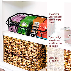 Baflan Tea Bag Organizer Caddy - Metal Tea Box Storage Holder for Tea, Cups, Pods, Packets, Condiment Accessories - Black