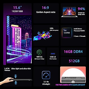 Morostron Win11 Laptop Computer, 15.6 Inch N5095 Quad core 16GB RAM 512G SSD, FHD 1920 * 1080 IPS Display Notebook PC, Backlit Keyboard, Finger Print Touch ID, AC WiFi,All-Metal Body