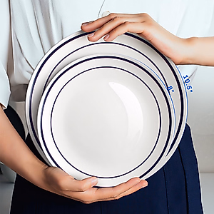 YFWOOD Ceramic Dinner Plates Set Of 6, 10.5 Inch Kitchen Dish Set, Contemporary Round Porcelain Tablewar,Microwave,Dishwasher and Oven Safe, Scratch Resistant Deep Plates - White & Blue Double Line