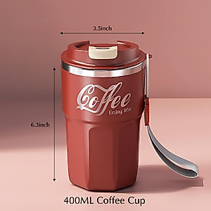 Colawind 16oz Travel Mug, Reusable Coffee Cups with Flip Top Lids, Stainless Steel Coffee Tumbler with Rope, 480ml Red Drink Cup for Iced Tea, Coffee, Water