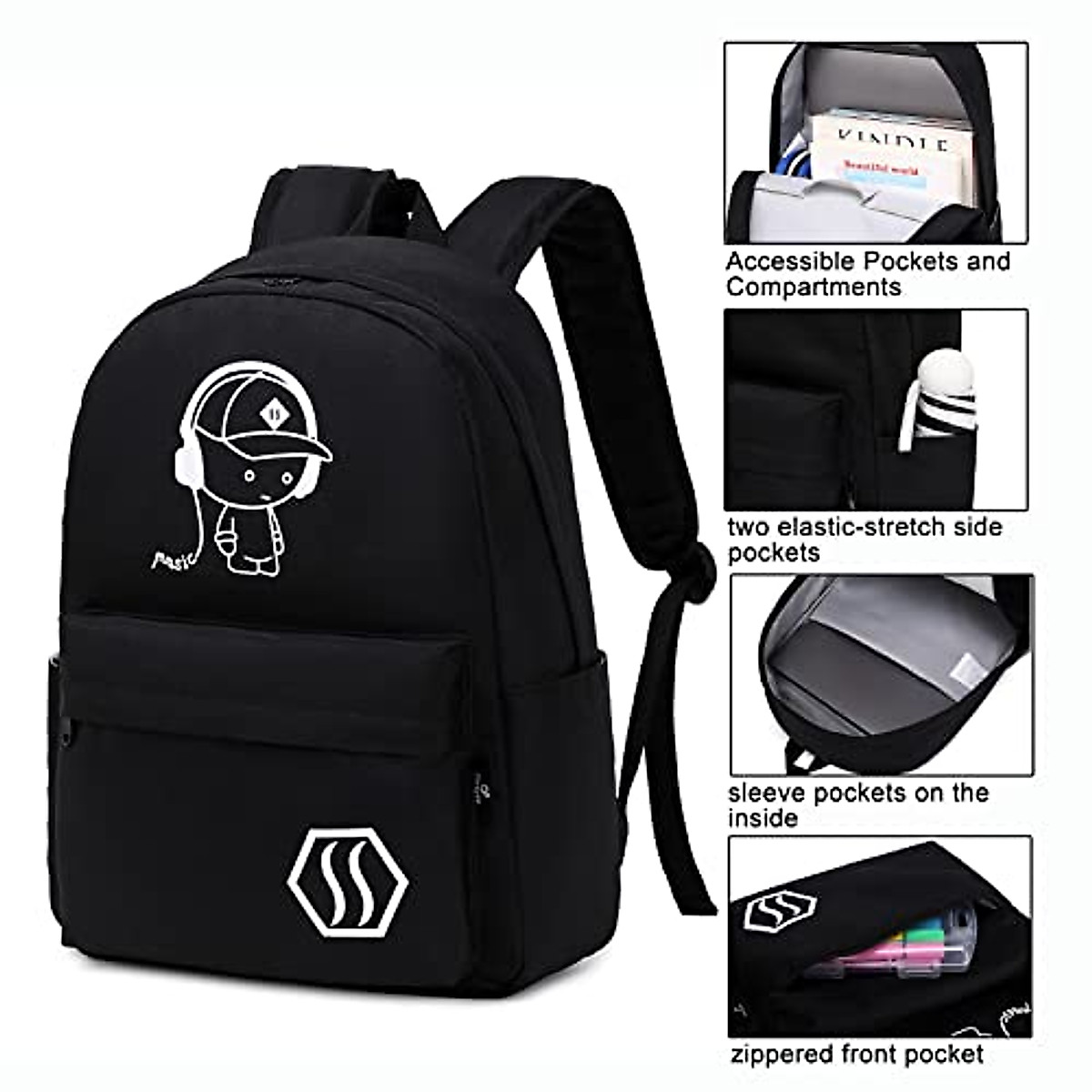 SHEEYEE School Backpack for Teen Boys Kids Bookbags with Lunch Box Set Students Laptop Travel School Bag (Black)