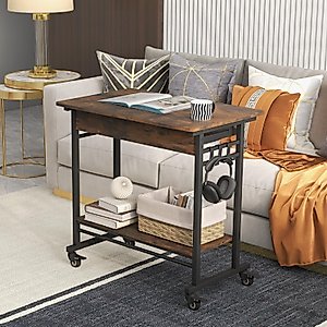Giantex Rolling Computer Desk, Mobile Desk with Keyboard Tray, Portable Laptop PC Desk Cart with Shelf & Hooks, Small Desk with Wheels for Small Spaces, Bedroom, Apartment, Home Office Desk