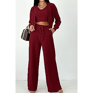 PRETTYGARDEN Womens 2024 Fall Track Suits 3 Piece Outfits Matching Sets Ribbed Knit Cardigan Cropped Tank Tops Wide Leg Pants (Wine Red,Medium)