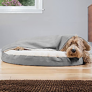 Furhaven 35" Round Orthopedic Dog Bed for Large/Medium Dogs w/ Removable Washable Cover, For Dogs Up to 50 lbs - Sherpa & Suede Snuggery - Gray, 35-inch