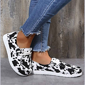 LELEBEAR Cow Print Shoes, Cow Print Shoes for Women, Flat Lace-Up Slip On Women Comfortable Print Sneakers (Cow Print Shoes, 9.5 US)