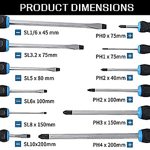 12-Piece Through steel core Screwdriver Set,Go-thru Steel Blade High Torque for Fastening,Chiseling or Loosening Seized Screws,6Phillips&6Slotted Magnetic Bit,With Carry Case.Gifts for men