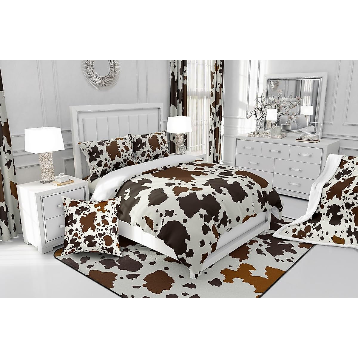 Erosebridal Brown Cowhide Comforter Cover Western Animals Duvet Cover,Black White Longhorn Highland Cow Skin Bedding Set Animal Hide Fur Hair Spot King Bed Set,Cowboy Farmhouse Room Decor