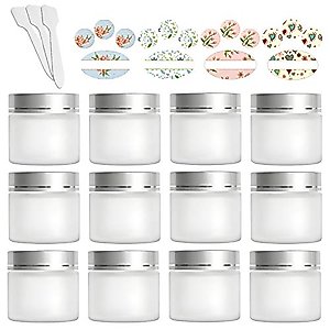 12 Pack 60ml 2 oz Matte Clear Glass Jars with Silver Lids & Inner Liners,Round Containers Travel Jars for Cosmetics, Eye Shadow, Makeup and Face cream Lotion.