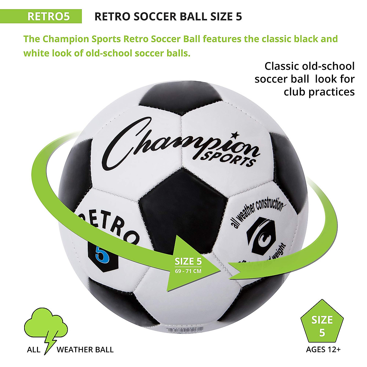 Champion Sports Retro Soccer Ball, Size 5 , Black/White