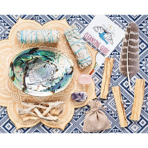 Home Cleansing & Smudging Kit with White Sage, Palo Santo, Abalone & Stand, Smudge Feather & Guide - Smudge Kit with Sage Smudge Sticks