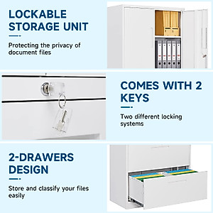 PEUKC 2-Drawer Metal File Cabinet, Lateral Vertical Filing Cabinets for Home Office, Locking File Cabinet with Storage Shelves, Legal/Letter/A4 Size Office File Cabinet, (White, Assemble Required)