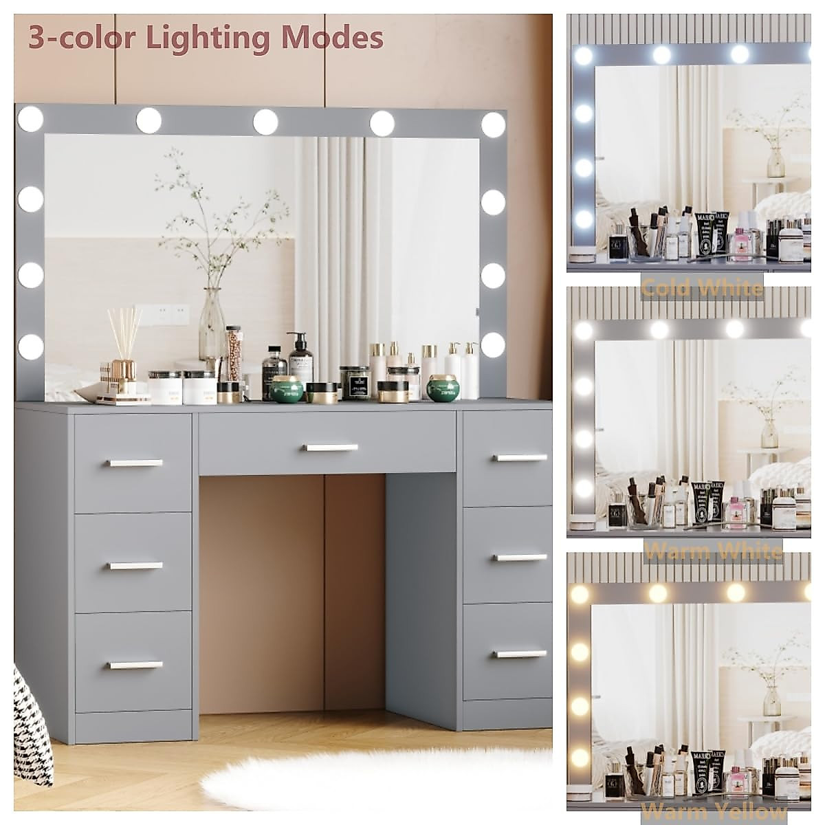 Irontar Vanity Table, Makeup Table with Lighted Mirror, 3 Color Lighting Modes, Brightness Adjustable, Dressing Table with Drawers, Vanity Desk for Women, Gray