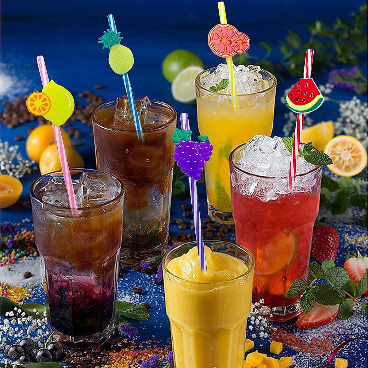 Honest ECO Replacement Disposable Plastic straws for Kids Party DIY Decoration Daily Drinking Straws (24 straws+12 plastic fruits+2 cleaning brush)