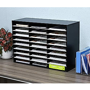 PAG Wood Literature Organizer Office Home File Sorter Mail Center Paper Storage Holder Classroom Keepers Mailbox, 27 Slots Compartment, Black&White