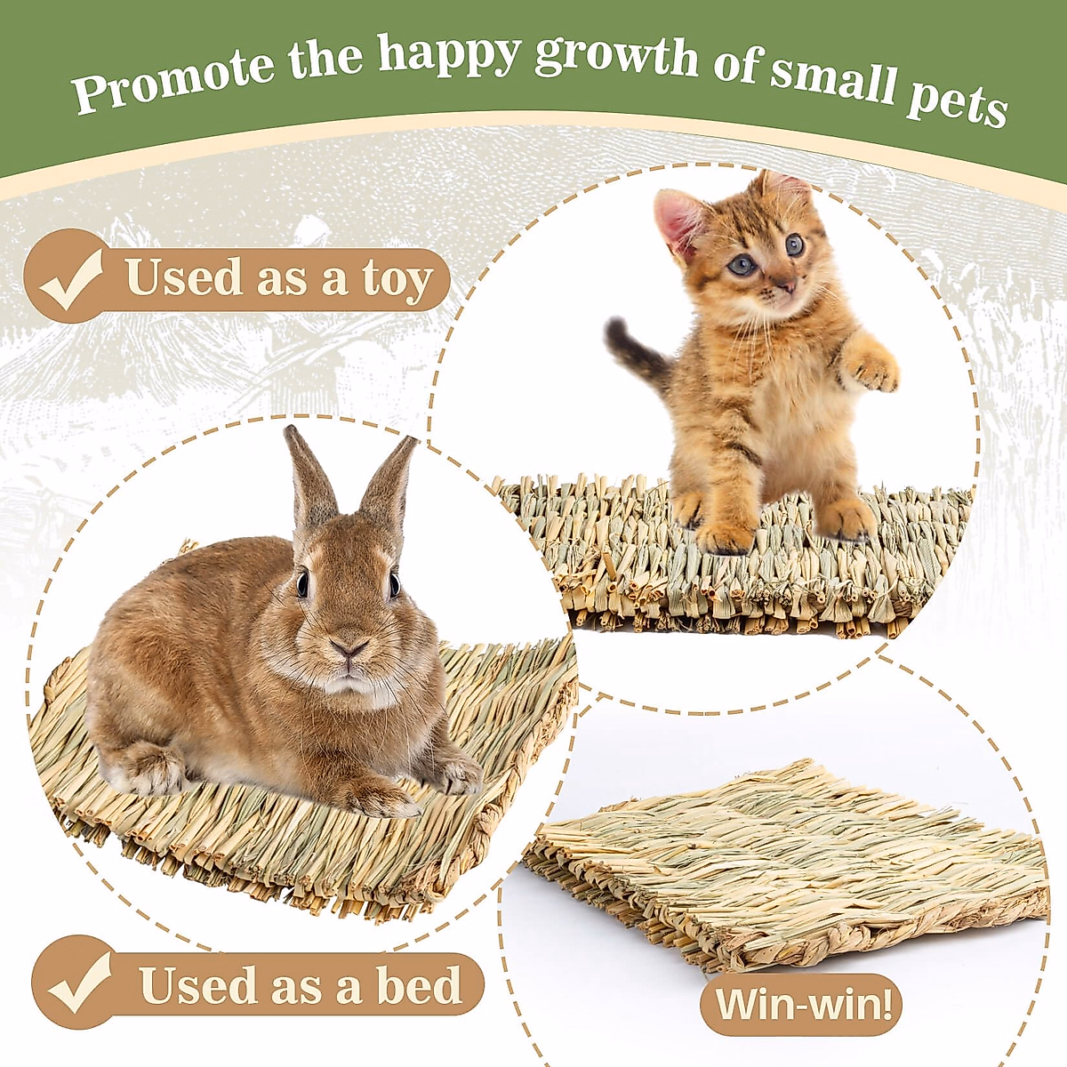 Sukh 2 PCS Rabbit Grass Mats - Natural Hay Woven Bunny Rabbit Bad Cage Mats Pet Bedding Cooling Sleeping Nesting & Toys for Hamster Bunny Chinchilla Guinea Pig Mouse Bird and Other Small Animal