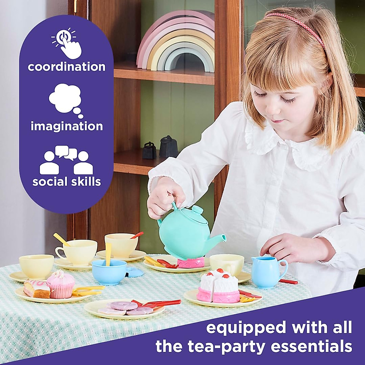 Casdon 36-Piece Tea Set - Colorful Toy Playset with Teapot, Milk Jug, Cups & Saucers, Cake, & More - Suitable for Preschool Toys - Playset for Children Aged 3+