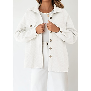 ZESICA Women's Casual Long Sleeve Button Down Loose Lightweight Shacket Shirt Jacket Coat Outerwear with Pockets,White,Medium