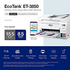 Epson EcoTank ET-3850 Supertank All-in-One Wireless Color Inkjet Printer - Print Scan Copy - 2.4" LCD, 15.5 ppm, 4800 x 1200 dpi, 30-Sheet ADF, Auto 2-Sided Printing, Voice Activated, Ethernet