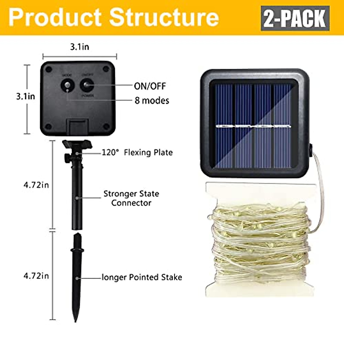 Yayfazy Green Christmas Solar String Lights Copper Wire 2Packs Each 100Led 33 Ft Outdoor Fairy Twinkle Lights with 8 Modes IP65 Waterproof for Patio Garden Tree Xmas Party Wedding Yard Decoration