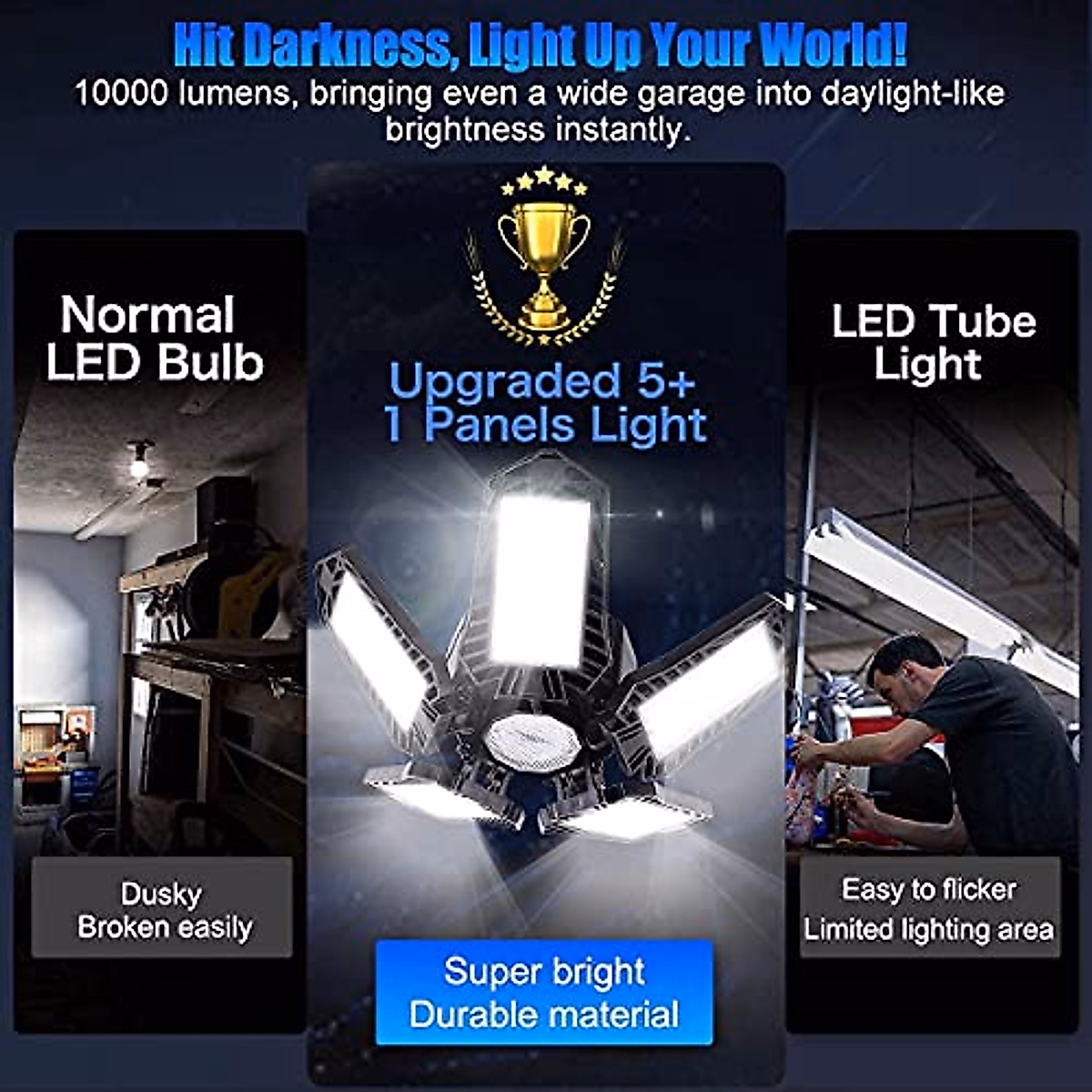JMTGNSEP LED Garage Lights 2 Pack Eqv. 100W Garage Light 10000LM Screw in LED Garage Light 5 Panel Deformable Garage Lighting Fixtures 6500K LED Shop Light Bulb for Garage Workbench Basement Attic