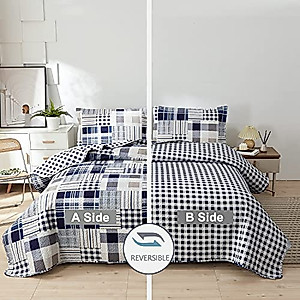 Jarson Patchwork Bedding Plaid Quilts Set Full/Queen Size, 3Pcs Navy Blue Buffalo Bedspreads Summer Lightweight Coverlet Pillow Shams