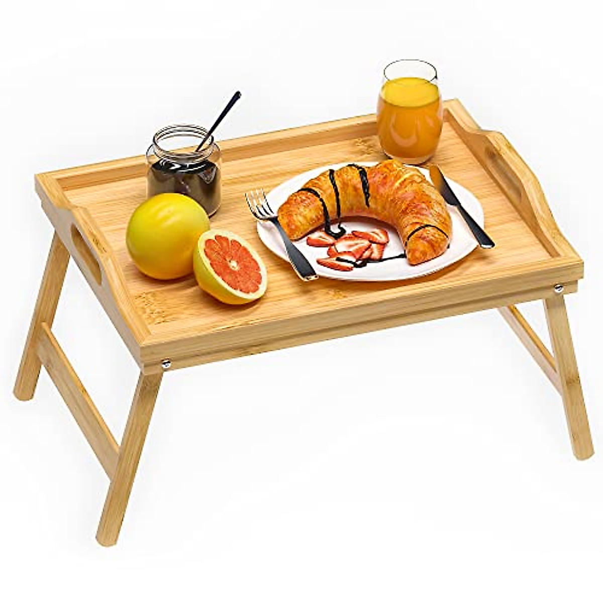 Bed Breakfast Tray Table Serving Lap Food TV Dinner for Eating with Folding Legs & Handles Bamboo