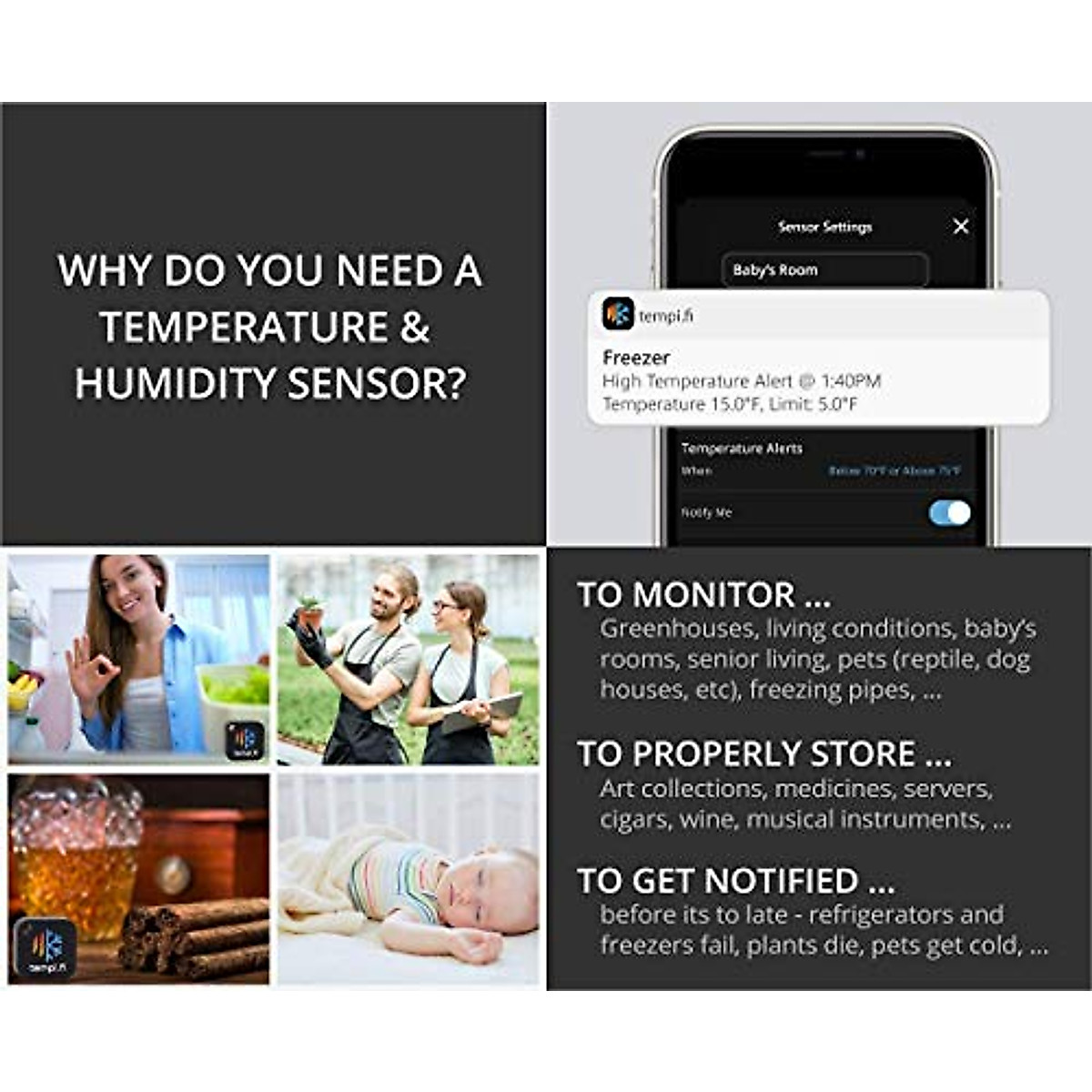 tempi.fi Mini Wireless Temperature and Humidity Sensor - Developed in The USA - 24/7 Data Logger with Alarm – Bluetooth Smart Thermometer and Hygrometer - Monitor Refrigerator Freezer Pets (T3)