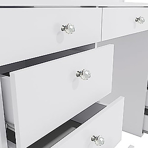 Boahaus Orla Modern Makeup Vanity Desk with Light Bulbs Built-in, USB Port and Power Outlet, 11 Drawers, Hollywood Vanity Mirror, Glam Glass Top Vanity, Crystal Ball Knobs, Big Vanity for Bedroom