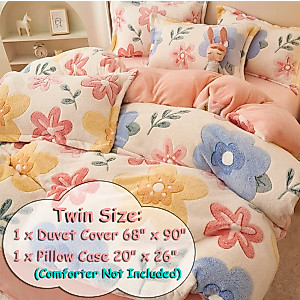 LMONMOO Pink Duvet Cover Twin, Fluffy Comforter Cover Set, Kawaii Bedding Sets for Girl Ultra Soft Cute Floral Bed Set for Kids (Flower, Twin)