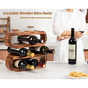 6-Bottles Wine Racks Countertop, 2-Tier 6-Slot Stackable Rustic Wooden Wine Cellar Racks, Solid Acacia Wood Wine Holder Storage Stand, Wine Bottles Display Shelf For Kitchen Tabletop Pantry Bars