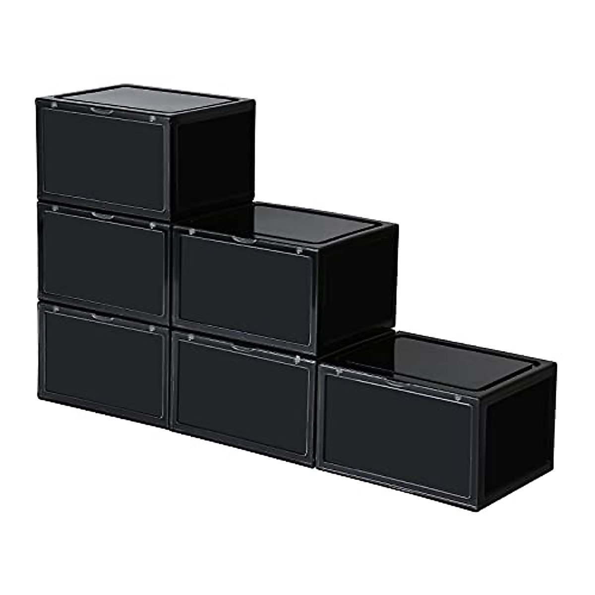 Yunge Drop Front Shoe Box,Set of 6, Stackable Plastic Shoe Box with Clear Door,Shoe Organizer for Display Sneaker, Easy Assembly,Fit up to US Size 14(11.02"x 13.97" x 8.66") Black