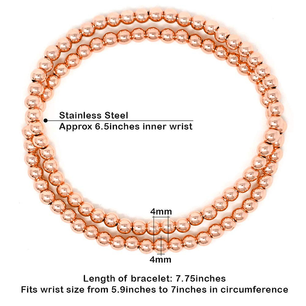 SM Stainless Steel Gold Silver Rose gold Beaded Ball Bracelets 4PCS Set for Women Stretchable Elastic Bracelet (Rose gold, Stainless Steel)