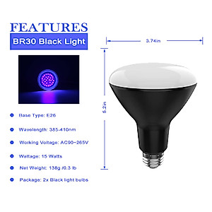 BR30 UV Black Light Bulb - 15W(100w Equivalent) E26 Medium Base, UVA 385-410nm, Blacklight Flood Light Bulbs Perfect for Body Paint, Blacklights Party, Fluorescent Poster, Halloween, Bedroom, 2 Pack